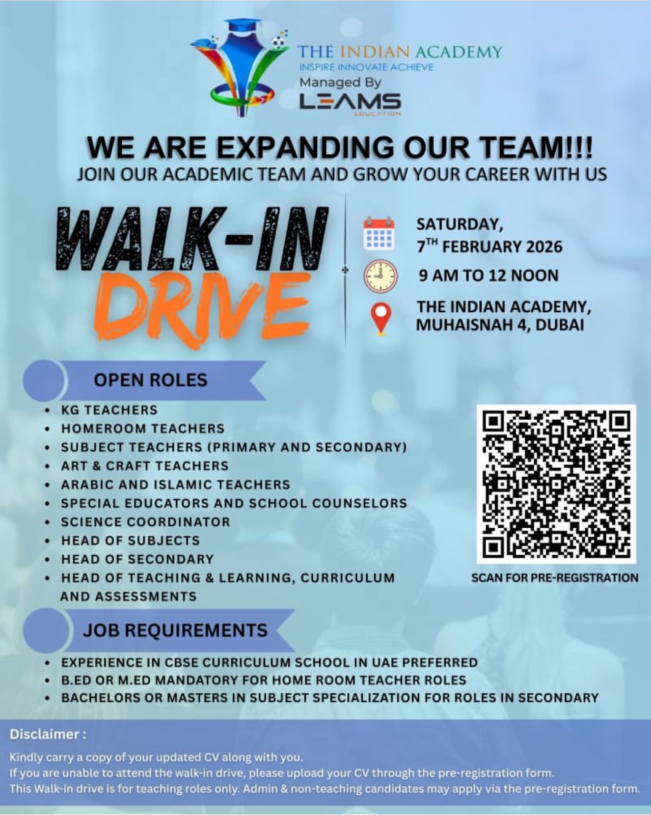 Indian Academy Walk in Interview in Dubai