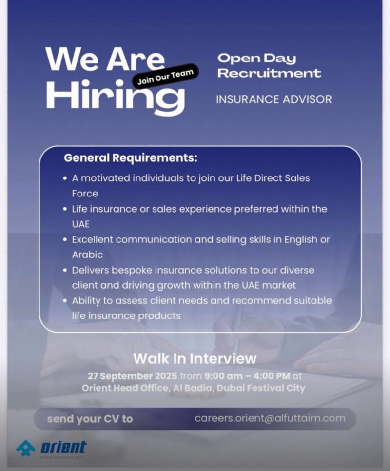 Orient Insurance Open Day Recruitment in Dubai