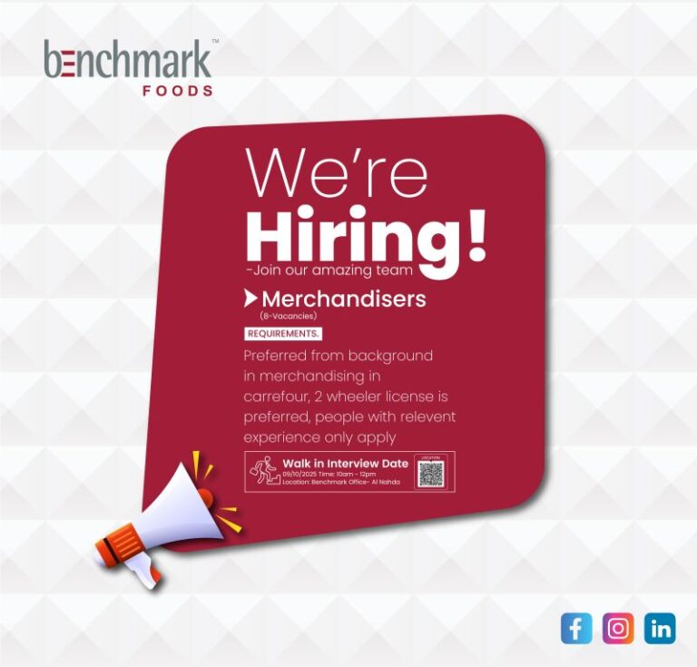 Benchmark Foods Walk in Interview in Dubai