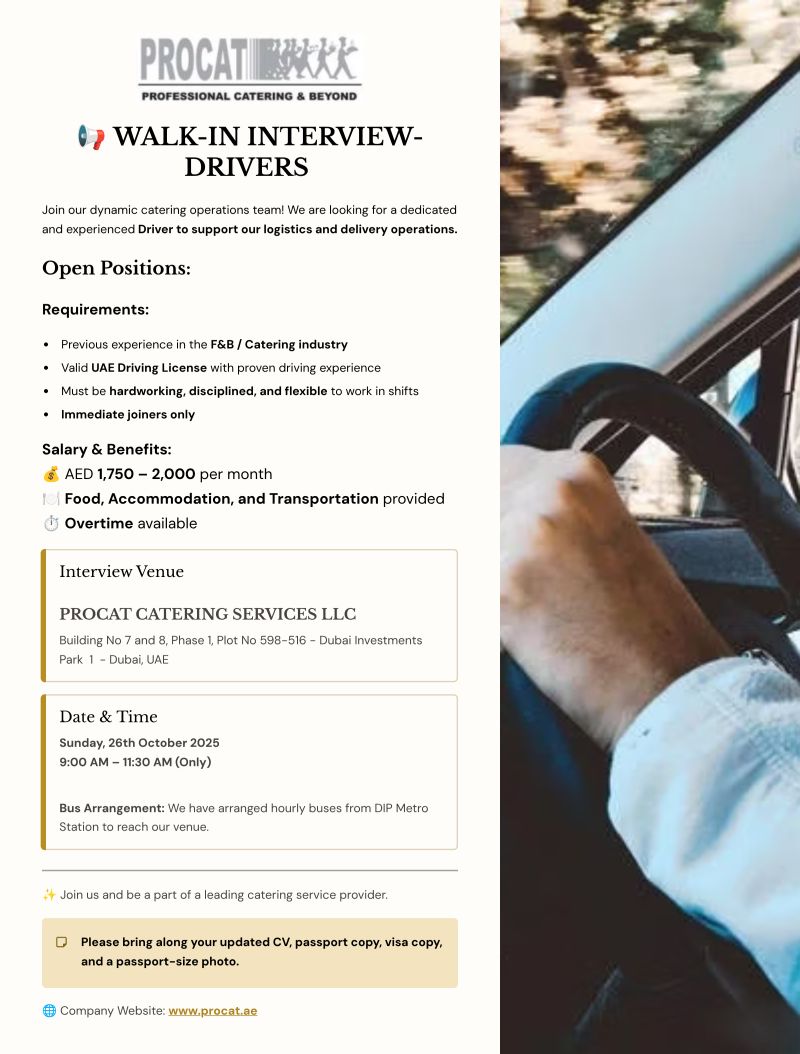 Procat Catering Services Walk in Interview in Dubai