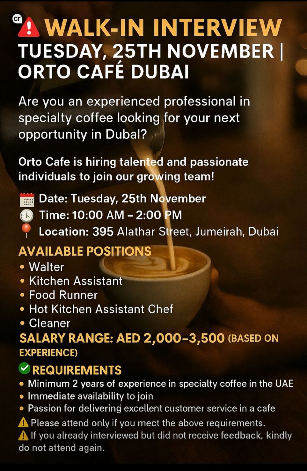 Orto Cafe Walk in Interview in Dubai