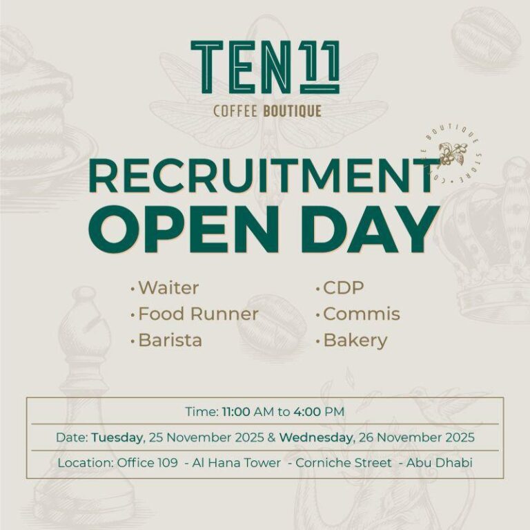 TEN 11 Coffee Boutique Open Day Recruitment in Abu Dhabi