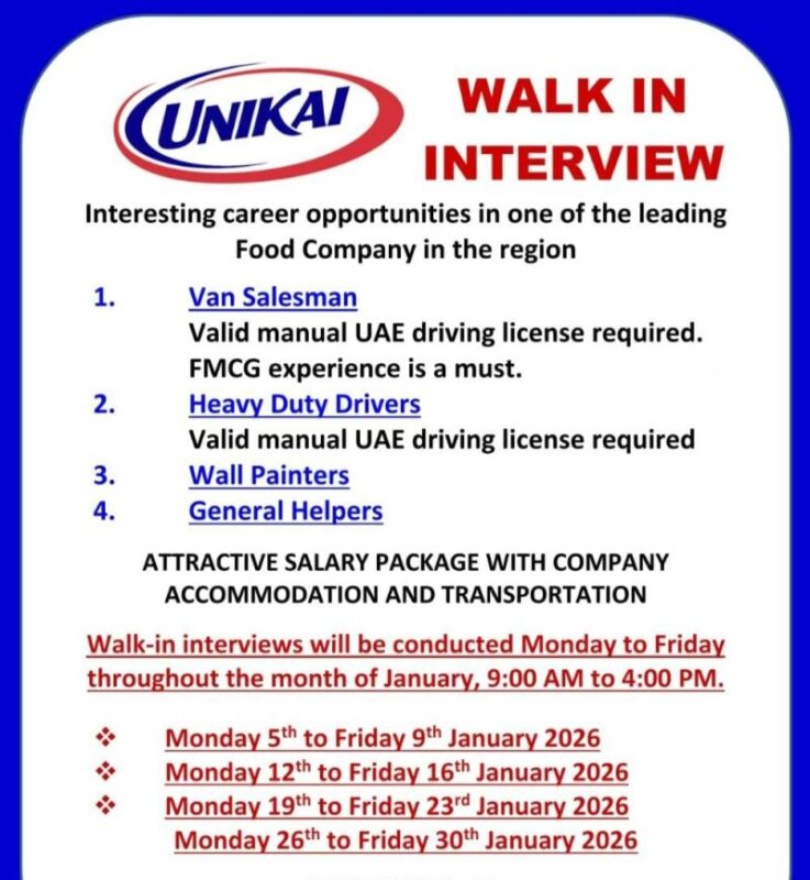 Unikai Foods Walk in Interview in Dubai