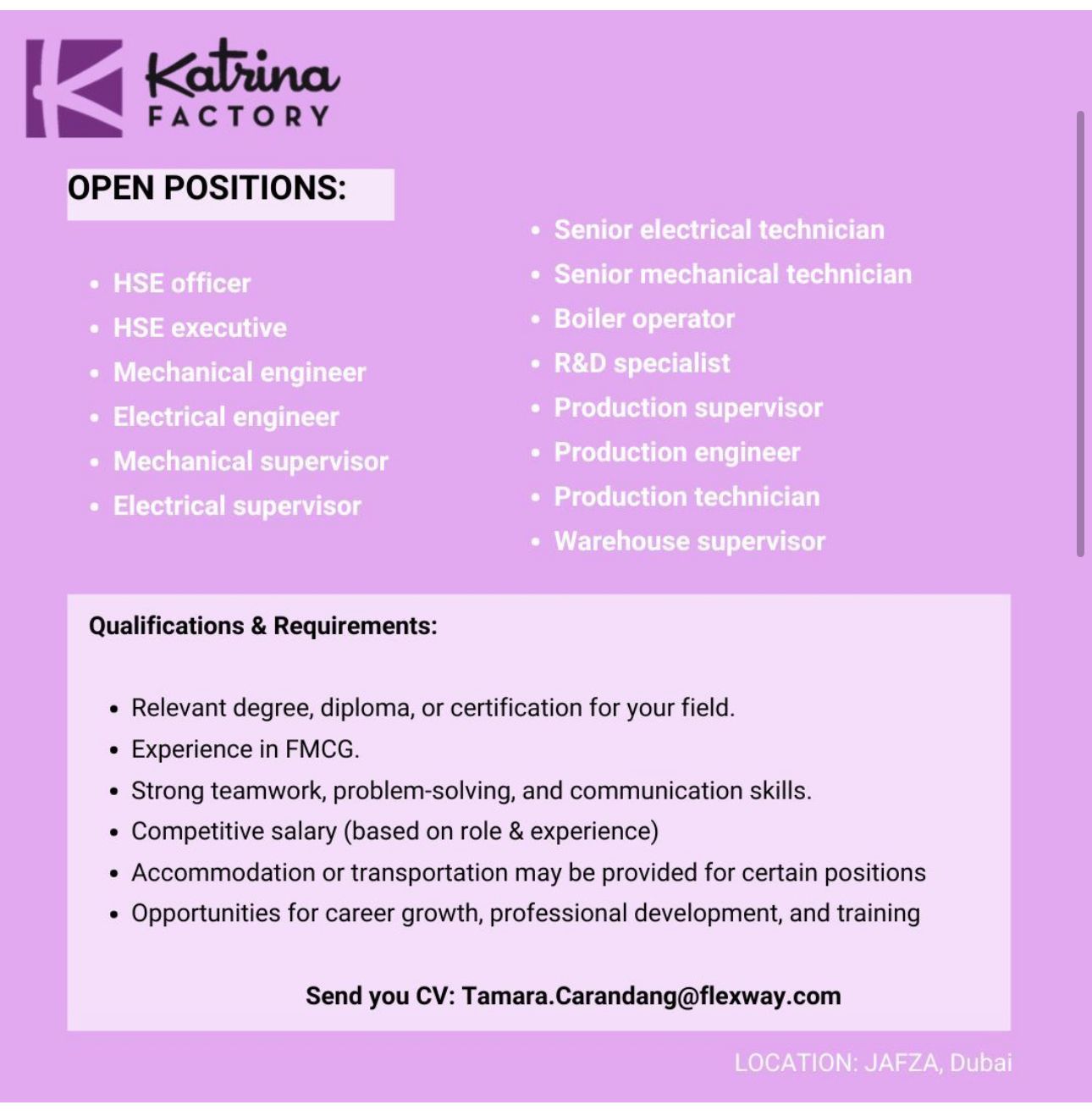 Katrina Factory Recruitment in Dubai