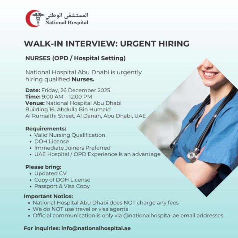 National Hospital Walk in Interview in Abu Dhabi