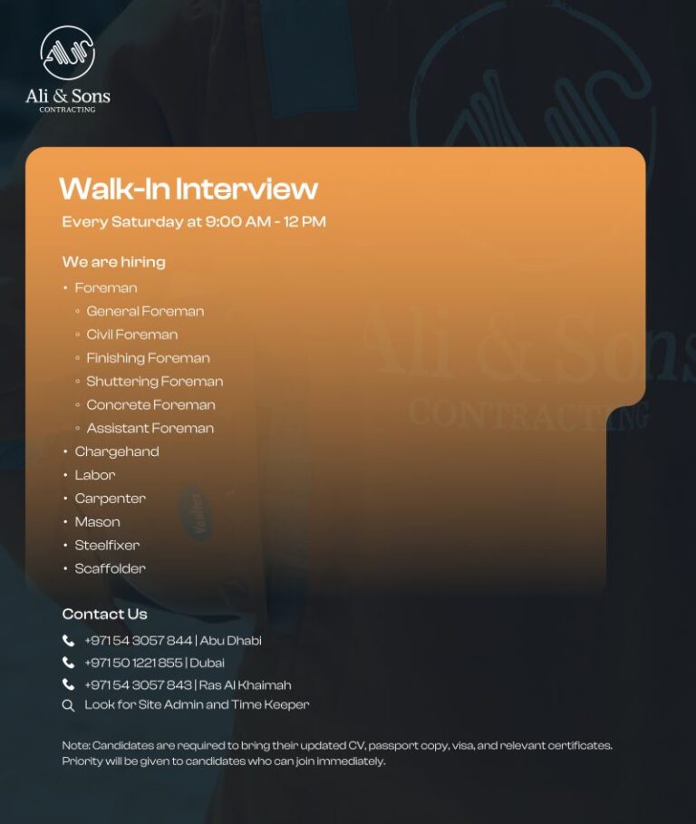Ali & Sons Contracting Walk in Interview in UAE April 2026