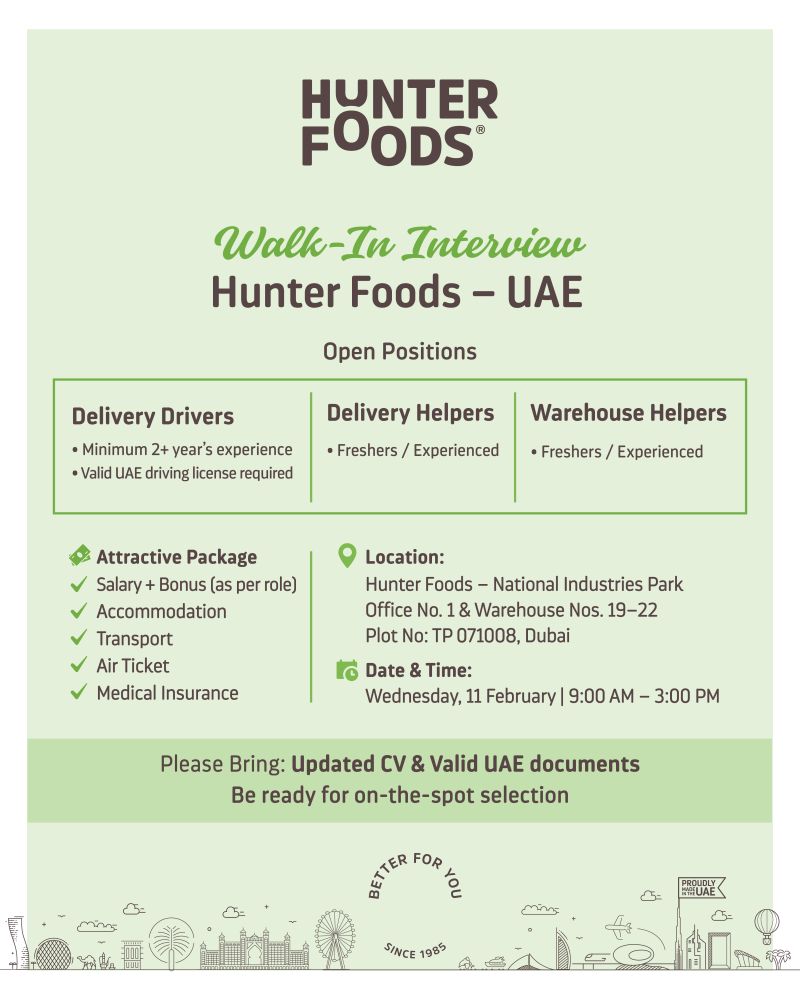 Hunter Foods Walk in Interview in Dubai May 2026