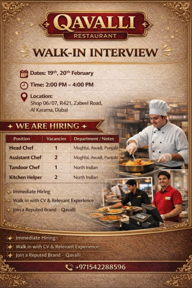 Qavalli Restaurant Walk in Interview in Dubai 2026 Latest Opportunity