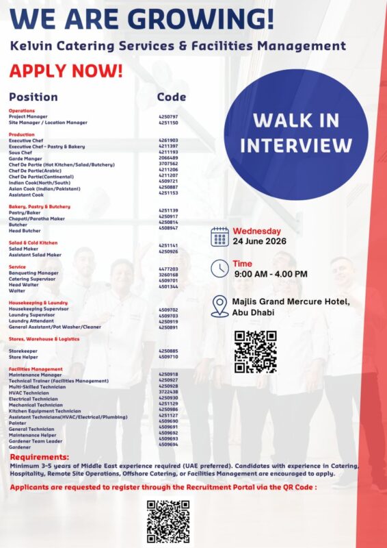 Kelvin Catering Walk in Interview in Abu Dhabi June 2026