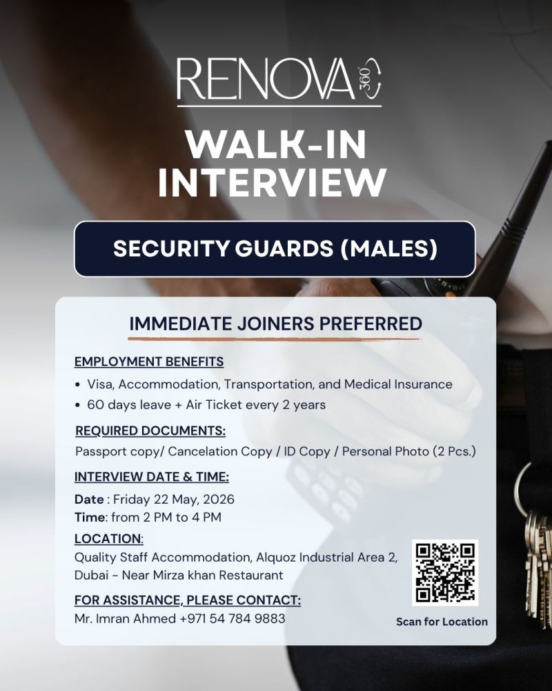 Renova 360 Contracting Walk in Interview in Dubai May 2026
