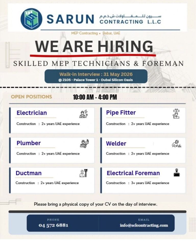 Sarun Contracting Walk in Interview in Dubai June 2026