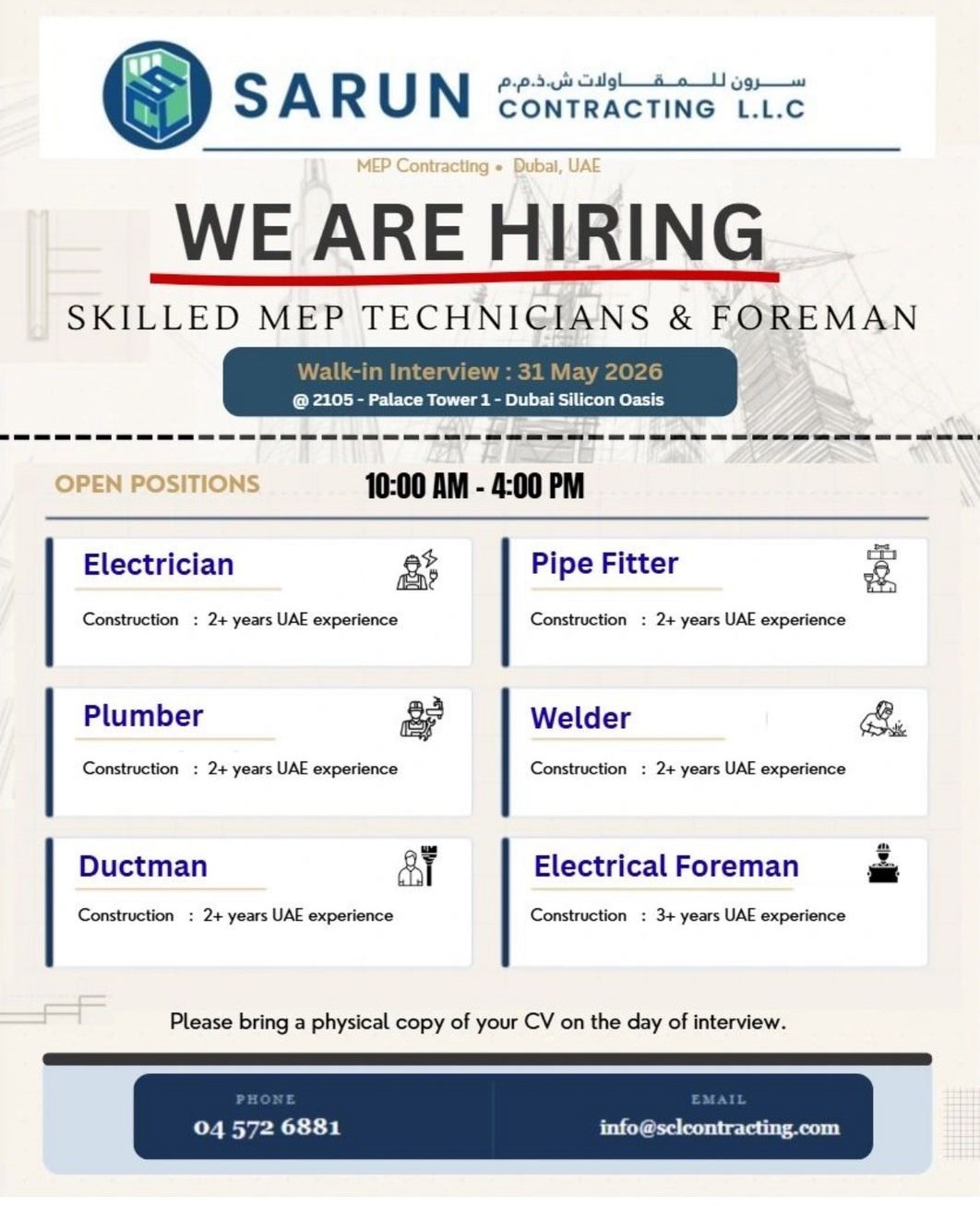 Sarun Contracting Walk in Interview in Dubai May 2026