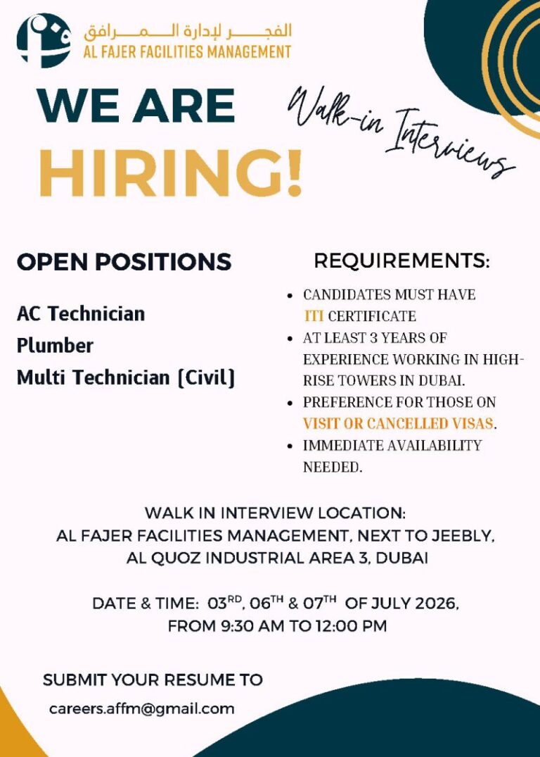 Al Fajer Facilities Walk in Interview in Dubai July 2026