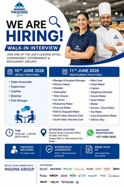 Pasons Group Walk in Interview in Dubai June 2026