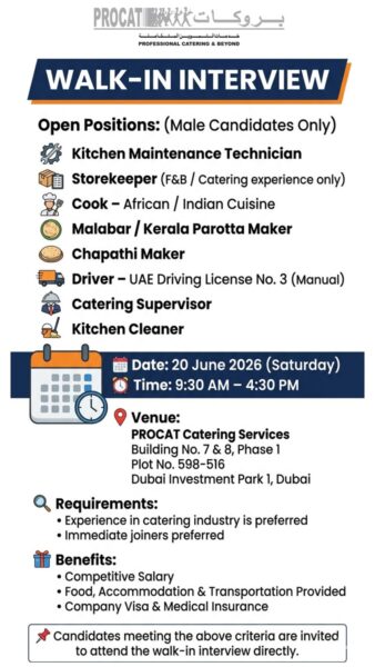 Procat Catering Services Walk in Interview in Dubai June 2026